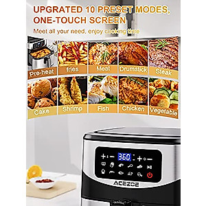 Acezoe Stainless Steel 7.4 QT Digital Air Fryer 1700-Watt with 9 Preset Cooking Functions, LED Touchscreen, Non-Stick Coating, 43 Recipes, Easy to Clean, Auto Shut-Off