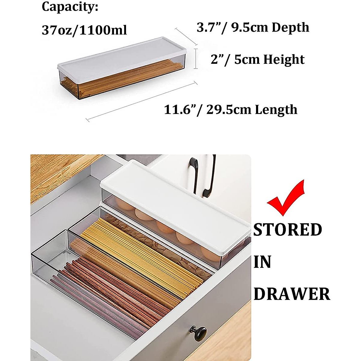 qiuqiu Set of 3 Durable Airtight Pasta Storage Box Spaghetti Jar with Lids Rectangular Stackable Pasta Containers for Pantry Fridge Kitchen Cupboards