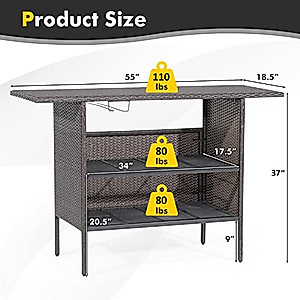 Giantex Outdoor Patio Wicker Bar Table, 2 Storage Shelves, 55''W Tabletop, Rails for Hanging Wine Glasses, Heavy-Duty Metal Frame, Bistro Rattan Bar Counter Table for Poolside Backyard (Mix Brown)
