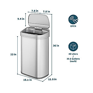 finetones 21 Gallon Trash Can, Automatic Hands-Free Stainless Steel Trash Can, Mute Metal Garbage Can with Lid, Motion Sensor Trash Can for Kitchen Office, 80 Liter, 2 Compartment Bins