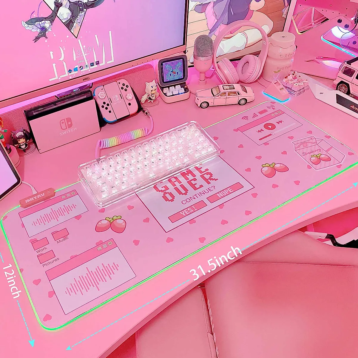 JMIYAV Pink RGB Gaming Mouse Pad 31.5x12 Inch PC XL Large Extended Glowing Led Light Up Desk Pad Non-Slip Rubber Base Computer Mouse Pad Cute Mousepad Mat 31.5x12 Inch