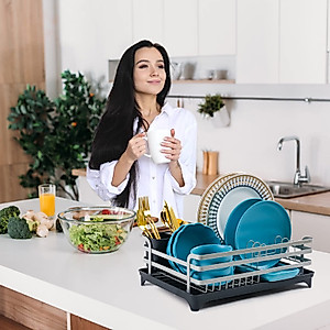 Zarnicy Dish Drying Rack with Drainboard - Dish Racks for Kitchen Counter - Rust Resistant Carbon Steel Dish Drainer with Adjustable Swivel Spout and Removable Cutlery Holder