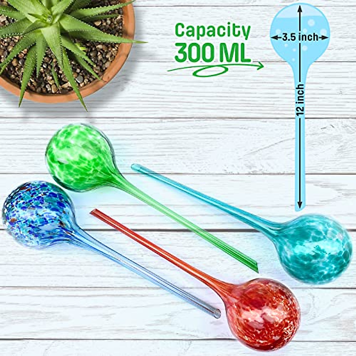 Pirhom Large Plant Watering Globes-Set of 4 | Durable Glass Automatic Waterer for Indoor Outdoor Plants | Up to 2 Weeks Hands Free | Ideal for Vacation Watering & Garden Decoration | 12"x3.5"