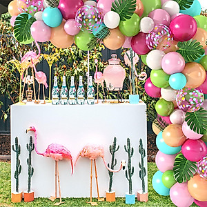 Amandir 140PCS Tropical Balloons Arch Garland Kit, Green Hot Pink Confetti Latex Balloons Palm Leaves for Tropical Hawaii Flamingo Birthday Baby Shower Wedding Party Decorations Supplies