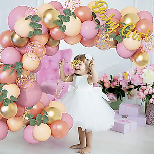 122Pcs Baby Shower Decorations for Girl Rose Gold Pink Balloons Arch Garland Kit with Eucalyptus Boho Greenery Baby Girl Banner Peach Blush Gold Balloons for Baby in Bloom Gender Reveal Party Supplies
