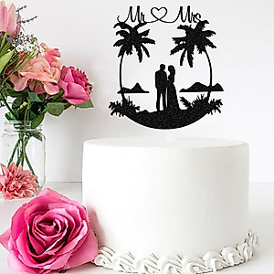 Mr & Mrs Cake Topper Tropical Wedding Cake Decorations Palm Tree Hawaii Beach Wedding Party Supplies Bride & Groom Travel Cake Toppers Black Glitter