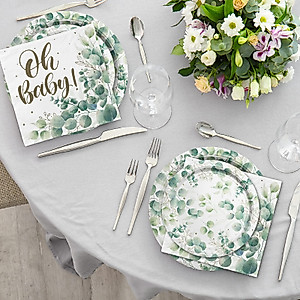 Sage Greenery Baby Shower Party Supplies Disposable Paper Plates Napkins Cups and Tablecloth for Boho Greency Party Decorations, Serve 25.
