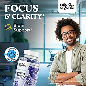 Wild & Organic Brain Support Gummies - Focus Supplement w/Ashwagandha Root, Vitamin B12, Ginkgo Biloba, Bacopa - Vegan Chews for Clarity & Productivity - 60 Brain Gummies