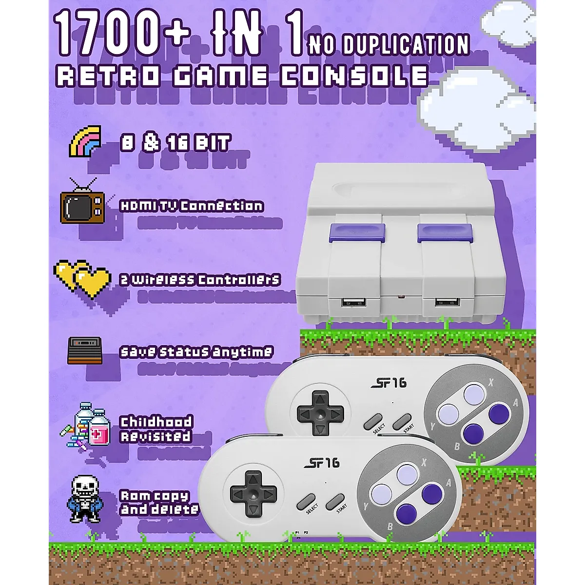 Upgrade Retro Mini Game Console, Preloaded 1700+ 8 & 16 Bit Classic Video Games(No Repeat), HDMI TV Output, 4GB TF Card Rom Copy, 2 Cable Less Controllers, Gift of Childhood Memories