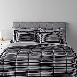 Amazon Basics Lightweight Microfiber Bed-in-a-Bag Comforter 7-Piece Bedding Set, Full/Queen, Gray Calvin Stripe, Striped