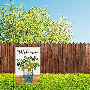 WODISON Welcome St Patricks Day Garden Flag For Yard House, Spring Shamrocks Clovers 12x18 Inch Burlap Double Sided Printing, Outdoors Home Decoration Banner (Only Flag)