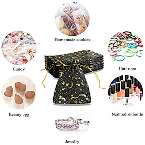 100 Pcs 3.5 x 4.7 Inch Black Organza Jewelry Gift Bag, Moon Star Drawstring Candy Bag for Wedding Party Valentine's Day.