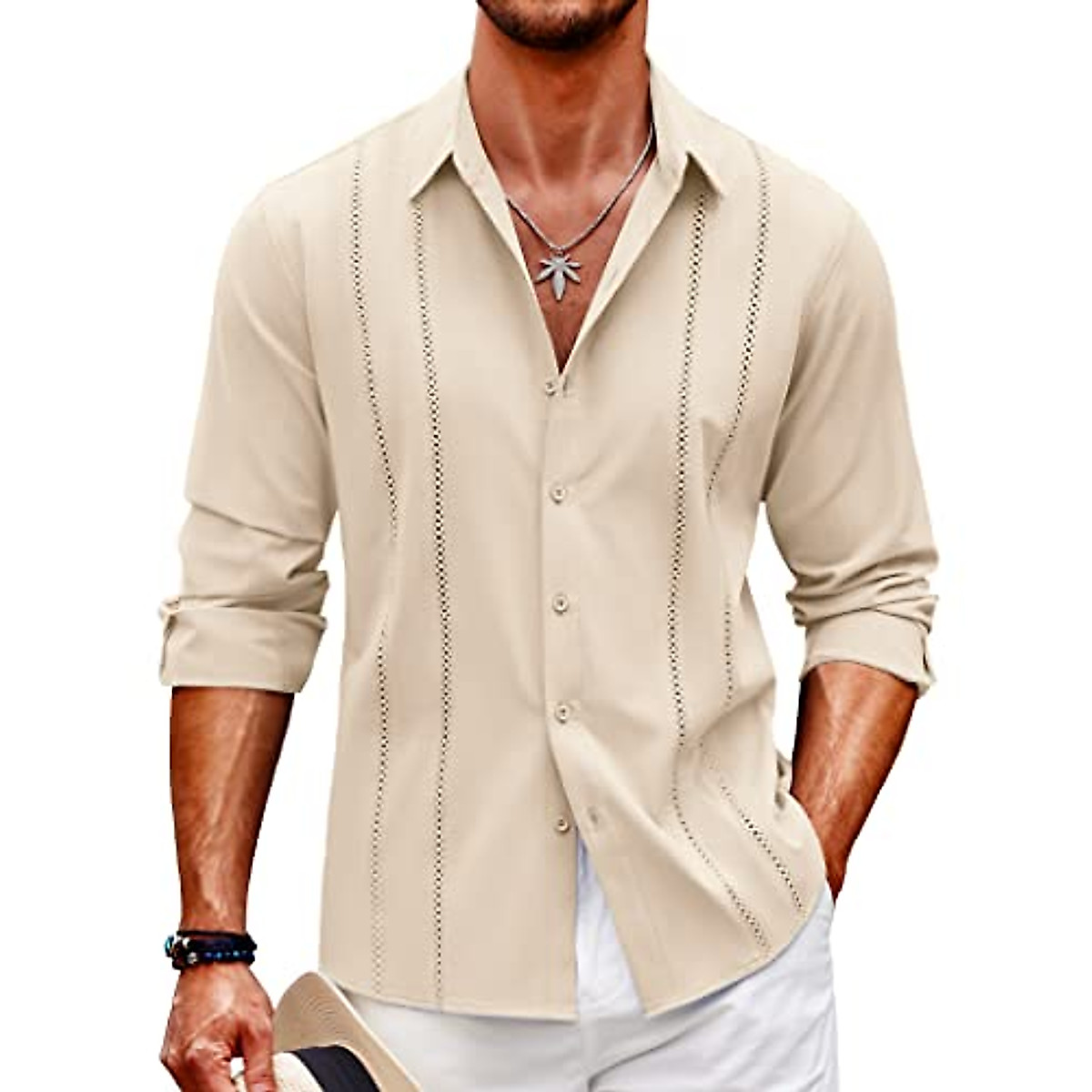 COOFANDY Men's Linen Shirts Casual Cuban Guayabera Shirt Long Sleeve Beach Shirts Beige