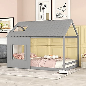 Woanke Kids House Bed Full Size, Floor Bed Full with Roof and Window, Solid Wood Floor Bed Frame Cabin Fun Playhouse Bed for Girls, Boys, Children