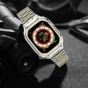 MioHHR Stainless Steel Watch Band with Case Compatible with Apple Watch Ultra 2 1(49mm),Rugged Strap with Metal Protective Bumper Cover for iWatch Band Men(Silver/Gold)