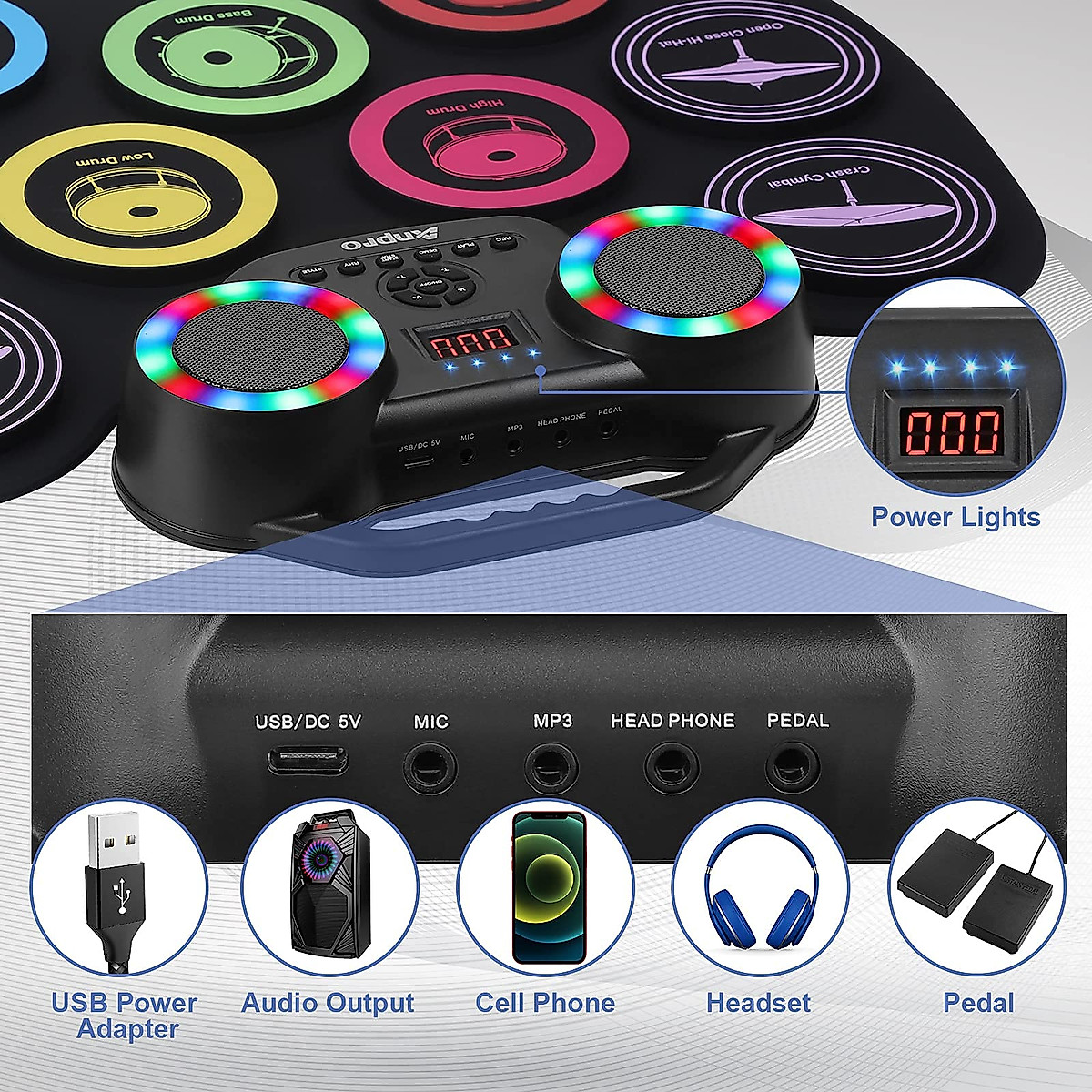 Anpro Electronic Drum Set for Kids | Adult, Musical Instrument Drum Practice Pad Kit with Headphone Jack, Built-in Speaker, Drum Pedals, Drum Sticks, Great Holiday Birthday Gift for Kids