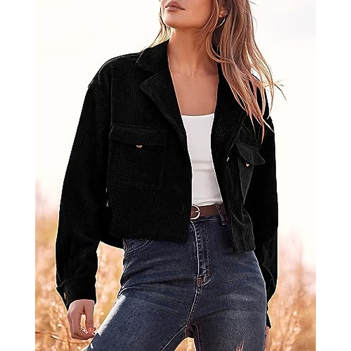 BTFBM Women's Corduroy Cropped Jacket 2023 Winter Fall Lapel Button Down Casual Short Shacket Jackets Coats with Pockets(Soldi Black, Large)