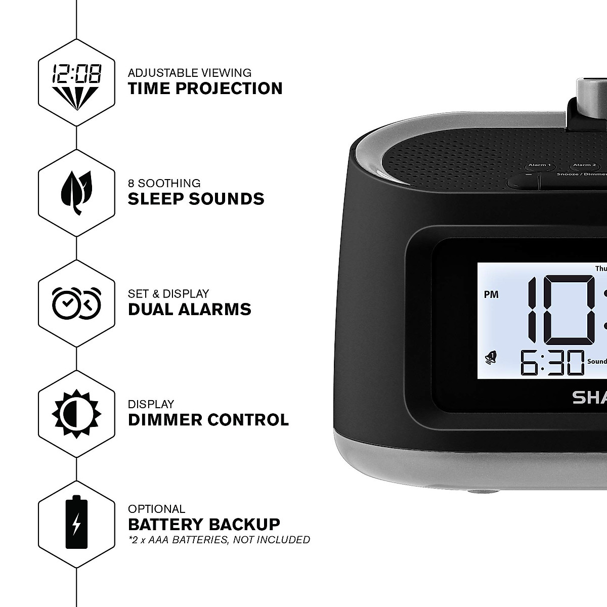 Sharp LCD and Projection Alarm Clock with 8 Soothing Nature Sleep Sounds – Project onto Wall or Ceiling, Black with Gunmetal Trim