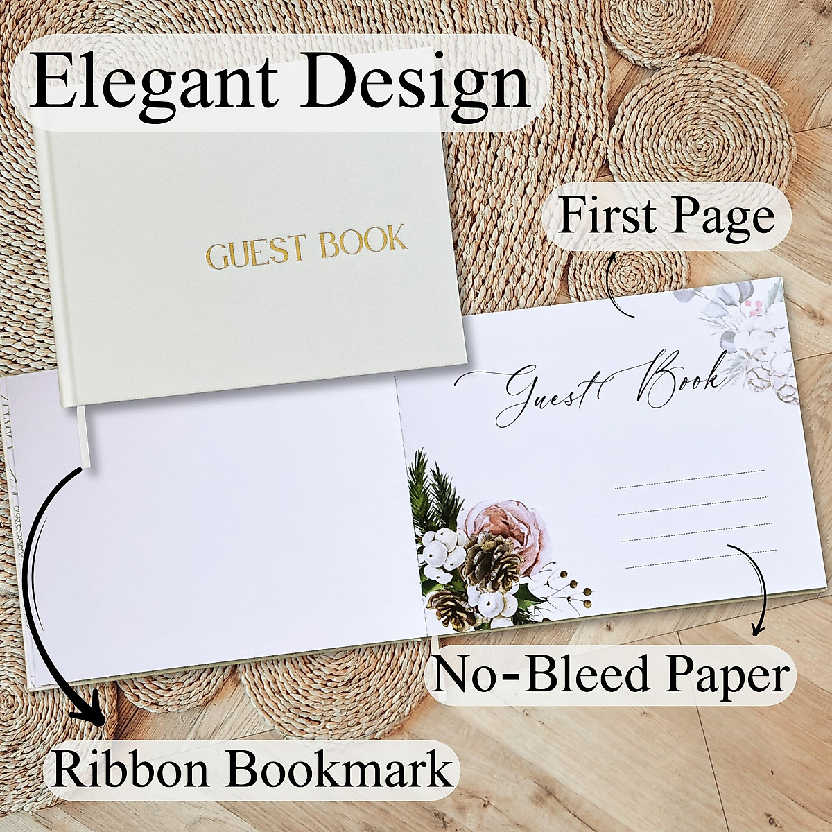 EBEGEE Wedding Guest Book for Wedding Reception, Elegant 9 x 7inch Baby Shower Guest Book with Polaroid Photo Pages and Registy Pages, Gold Foil Lettering Linen Cover, Perfect for Any Celebration