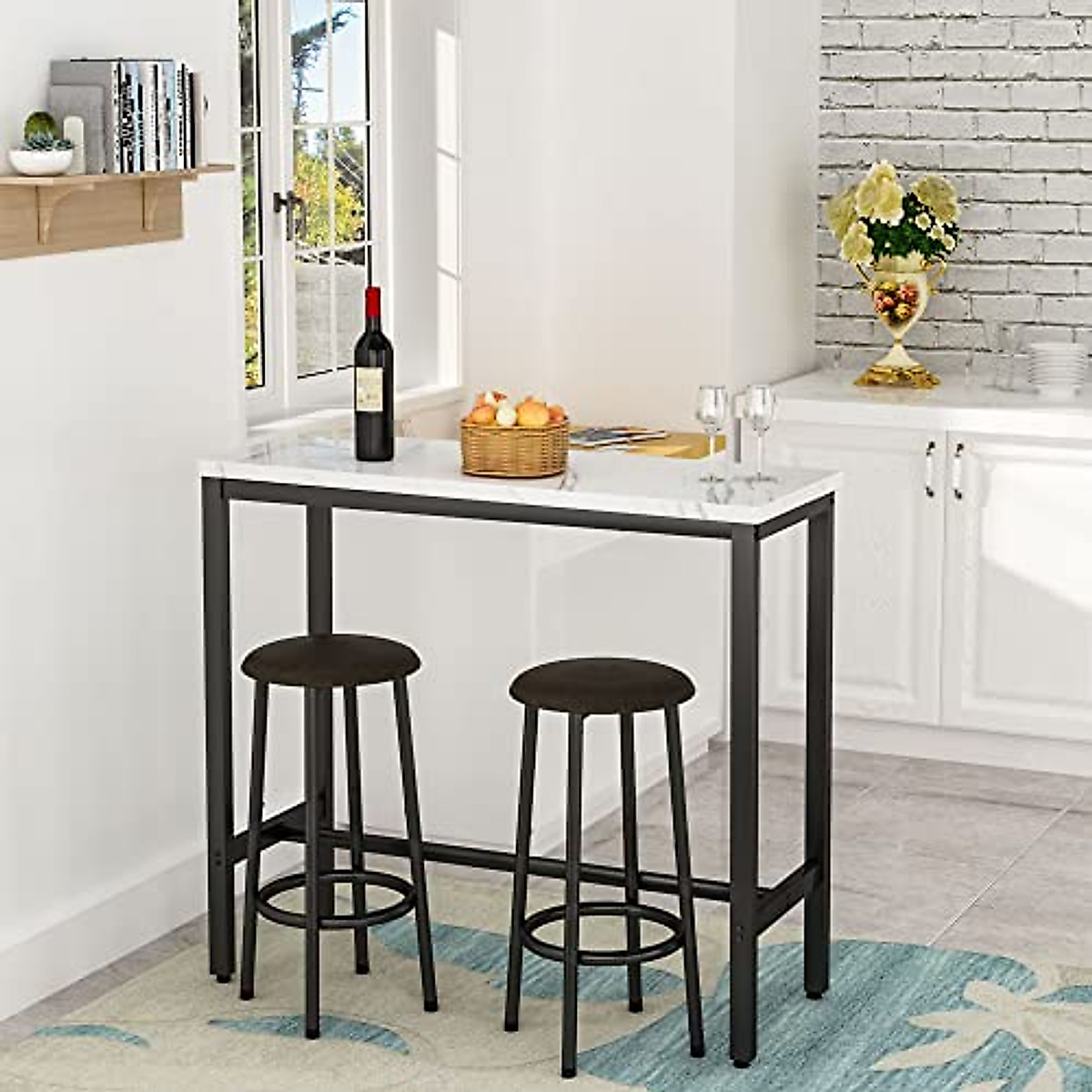 Hooseng Bar Table Set of 2, 39.3" Pub Height Table Set with Faux Marble Tabletop and 2 Round Stools, 3 Piece Kitchen Table Set Ideal for Dinner Room, Living Room, Breakfast Nook, Small Spaces, White