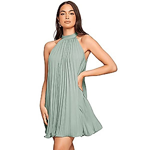 SweatyRocks Women's Sleeveless Tie Back Halter Dress Mini Swing Pleated A-line Skater Dress Green L