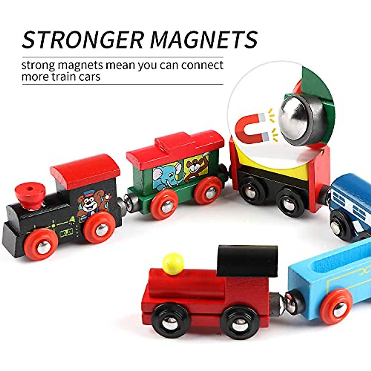 Wondertoys Wooden Train Cars 12 PCS Magnetic Train Sets Includes 3 Engines and Storage Bag - Wooden Train Set for Toddlers Compatible with Major Brands Train Set Tracks - Trains for Train Table