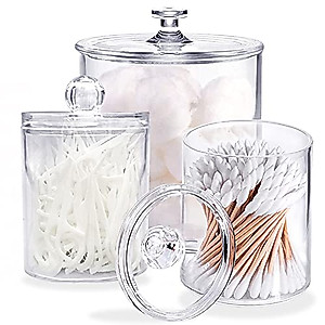 Qiuttnqn 3 Pack Cotton Swab Ball Pad Holder with Lid,Clear Acrylic Bathroom Container,Makeup Organizer for Cotton Swabs,Cotton Rounds,Cotton Ball,Floss Picks,Bath Salts and Hair Ties(10 OZ,20 OZ)
