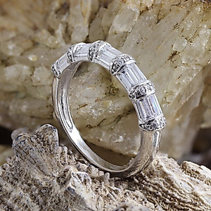 AFFY 1 Carat (Cttw) Baguette And Round Cut White Cubic Zirconia Anniversary Wedding Band Ring In 14k White Gold Plated 925 Sterling Birthday Gift For Her Size -7