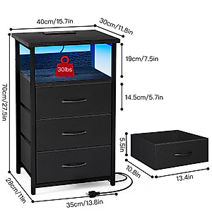 Fixwal Night Stand with Charging Station, LED Nightstand with U-S-B Ports and Outlets, 3 Fabric Storage Drawers with PU Finish, Bedside Table, Black