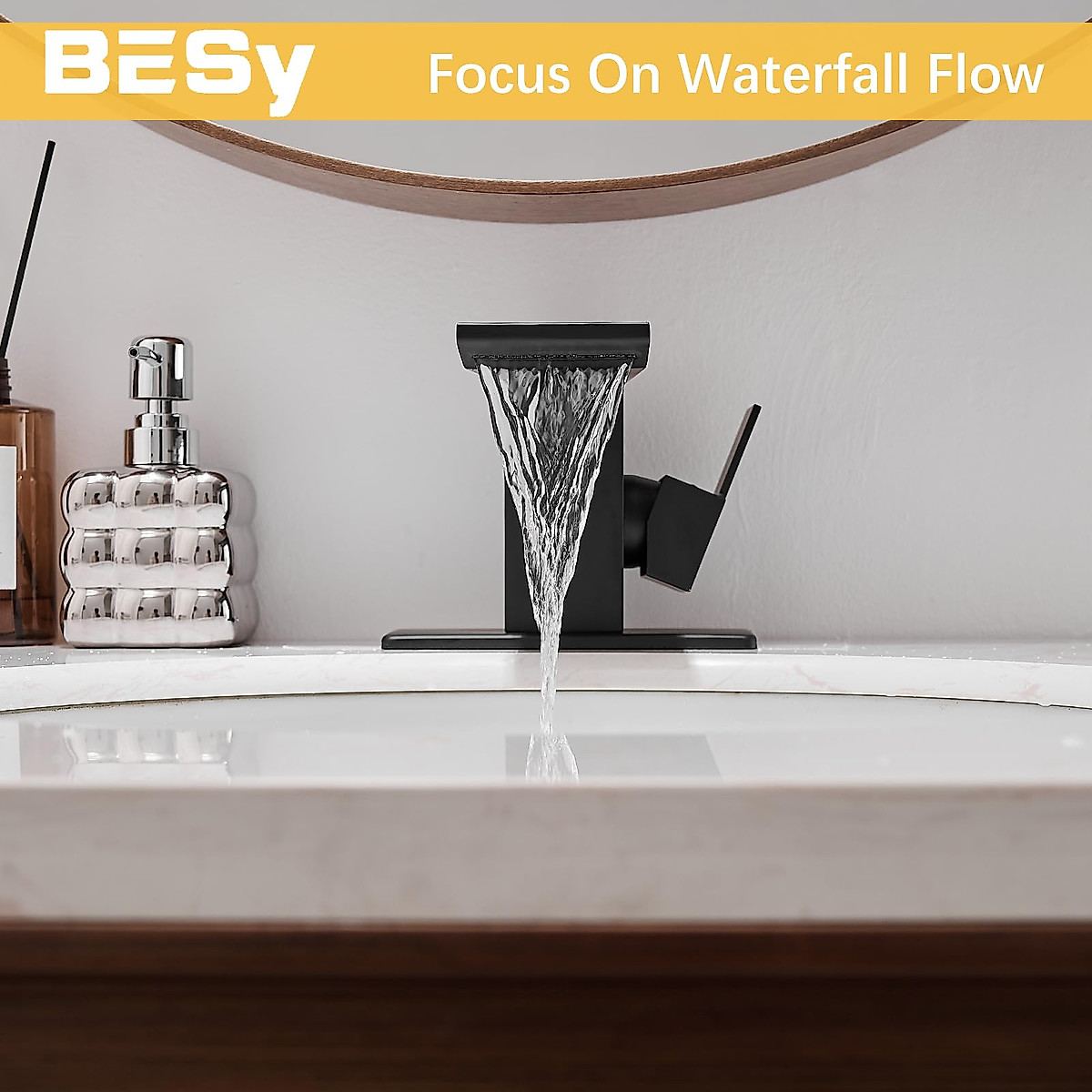 BESy Waterfall Matte Black Bathroom Faucet, Single Hole Or Three Hole Bathroom Sink Faucet with Pop Up Drain, with cUPC Supply Lines Single Handle Vanity Faucets, 6 Inch Deck Plate, Stainless Steel