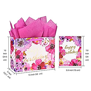 WRAPAHOLIC 13" Large Gift Bag with Card and Tissue Paper - Floral Gold Foil Happy Birthday