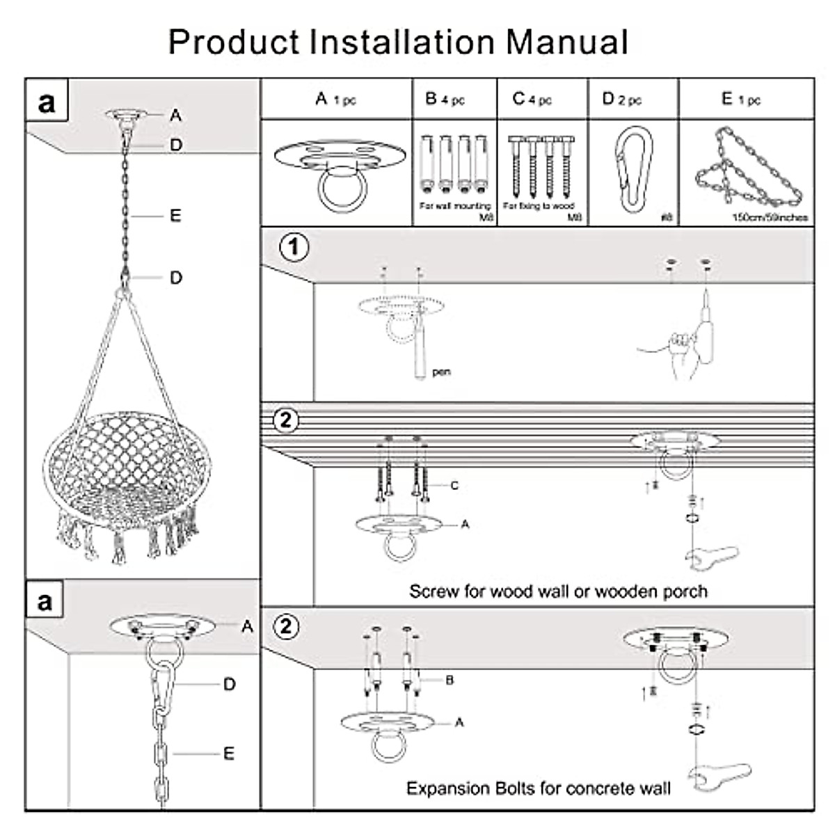 LAZZO Hammock Chair with Hanging Kit and Chain, Cotton Rope Macrame Swing, 260Pounds Capacity, 20" Width, for Indoor, Garden, Patio, Yard (Beige)