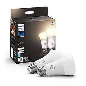 Philips Hue 2-Pack White A19 Medium Lumen Smart Bulb, 1100 Lumens, Bluetooth & Zigbee Compatible (Hue Hub Optional), Compatible with Alexa & Google Assistant, White, 2 Bulbs (563049)
