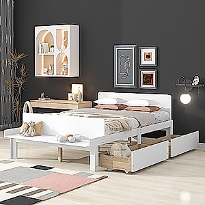 LostCat Full Bed with Storage, Full Bed Frames with 2 Drawers, Full Storage Bed Frame with Footboard Bench & Headboard, Full Bed for Kids, Kids Bed with Storage Drawers, No Box Spring Needed, White