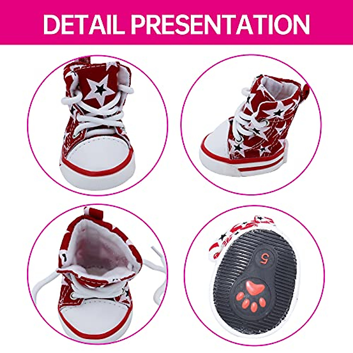 Magicorange 4 Pcs Pet Shoes Puppy Sport Denim Shoes, Outdoor Anti-Slip Sneaker Boot Causal Dog Shoes for Small Medium Size and Large Dogs (#4, Red)