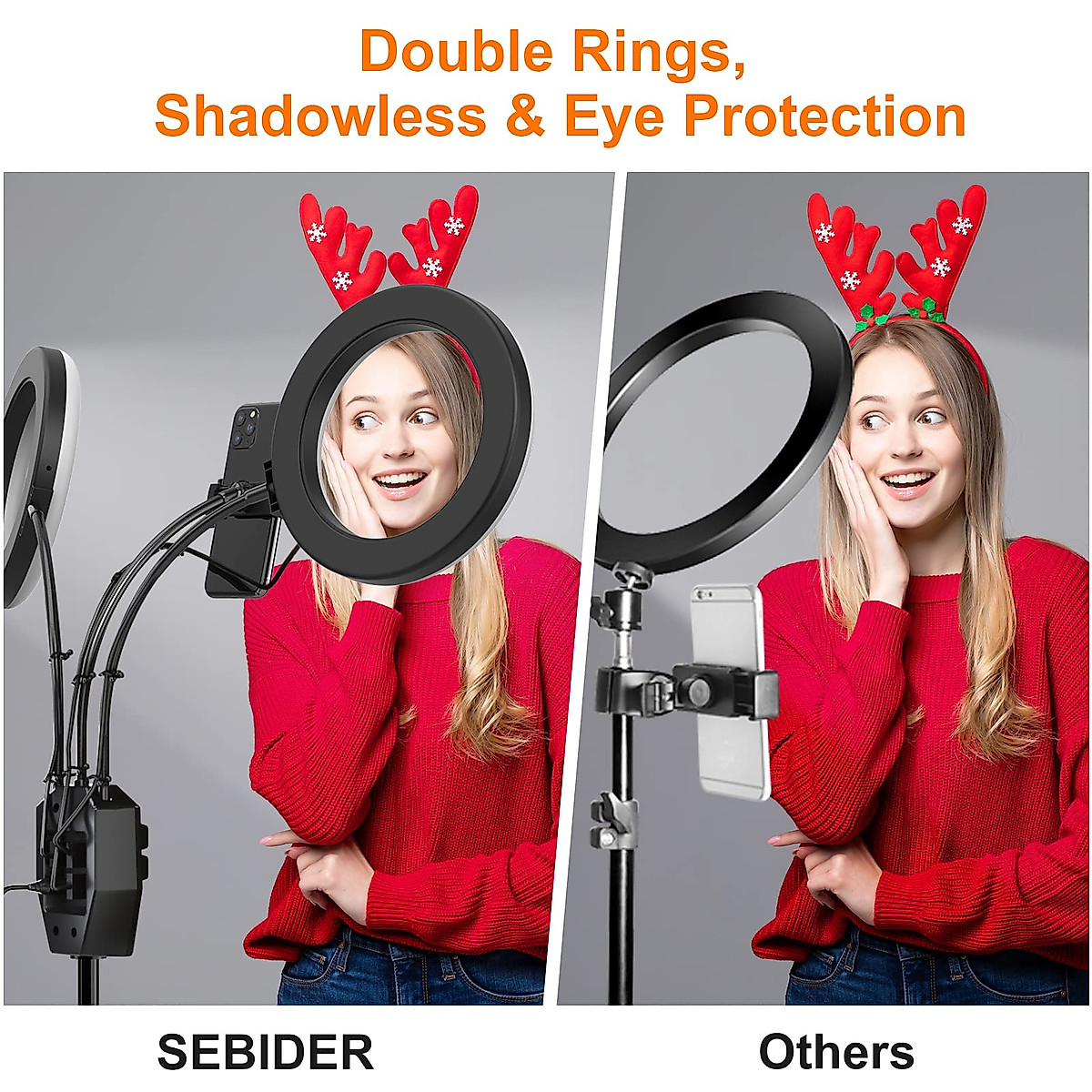 SEBIDER Dual 36W 6500K LED Ring Light with 73" Extendable Tripod Stand & Phone Holder, Portable Light Rings Used for YouTube Video/Selfie/Live Stream/Makeup/TikTok