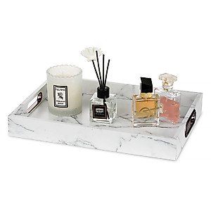 Hanobe Bathroom Vanity Tray Decorative: White Faux Marble Perfume Trays with Black Handles Rectangle Modern Table Decor for Dresser Counter