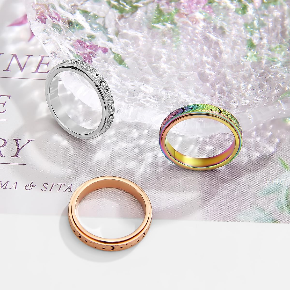 LuckyAmor Fidget Anxiety Ring for Women-3Pcs 4MM Rainbow Rose Gold Silver Moon Star Hollow Stainless Steel Spinner Rings for Anxiety Stress Relief Gift for Women party birthday