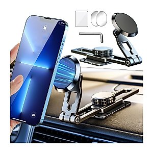 BESULEN Magnetic Phone Holder for Car, 6 Strong Magnets, Car Phone Mount with 2 Metal Plates, 720° Rotation Folding Case Friendly, Universal Auto Dashboard Cell Phone Holder Fits Most Smartphones