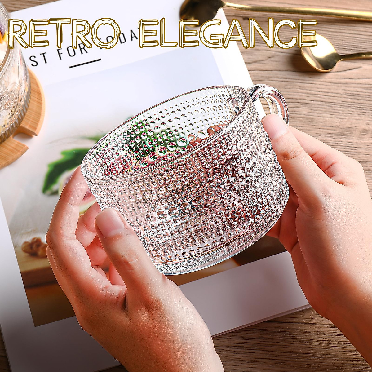 Vintage Coffee Mugs 4 pcs,Overnight Oats Containers with Lids and Spoon 14 oz-DWTS Glass Cups with Lids,Cute Coffee Bar Accessories and Kitchen Gifts