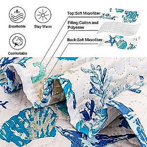 3 Piece Ocean Daybed Cover Set Twin Reversible Daybed Bedding Sets Beach Theme Day Bed Cover Starfish Shell Seaweed Seahorse Printed Bedspread Coverlet for Twin Bed with 2 Standard Shams,39"x75"