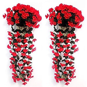 Takefuns 2Pcs Artificial Violet Flower Hanging Vine Garland, Wall Wisteria Basket, Simulation Rattan Plant for Outdoor Balcony Garden Party Wedding Decorations (Red)