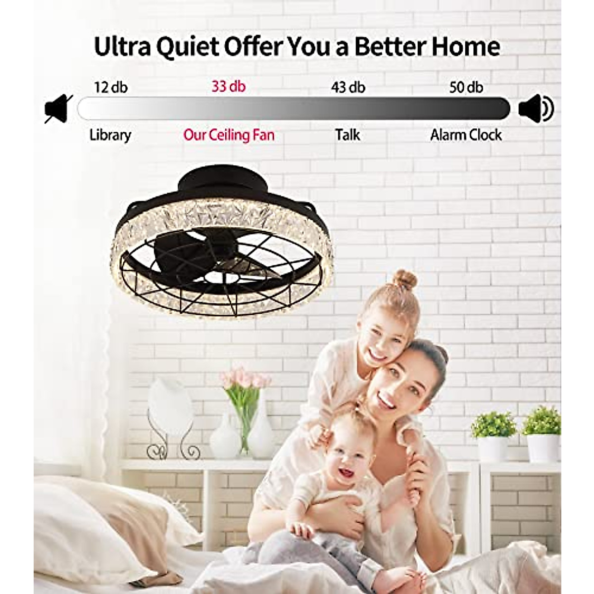 Q&S Modern Ceiling Fan with Lights,Low Profile Enclose Black Cage Semi Flush Mount Crystal Ceiling Fans with Remote 6 Speeds 3 Colors Dimmable LED Light Fixture for Bedroom Living Room Gym 18.9"
