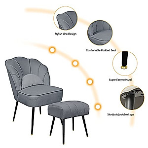 Velvet Accent Chair, Velvet Chairs Shell Sofa Chair With Footstool Ottoman, Modern Leisure Chair With Black Metal Legs & Golden Leg Base, Upholstered Chair for Living Room/Bedroom/Office, Dark Grey
