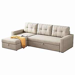 Ball & Cast 81.5" L-Shaped Convertible Sleeper Sofa, Upholstered Sectional Couch Pull Out Sofa-Bed with Storage Chaise & Removable Back Cushions, Beige