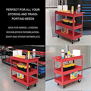 HPDMC 400 LBs Capacity 3 Shelf Steel Service Utility Cart/Steel Tool Service Push Cart, Red