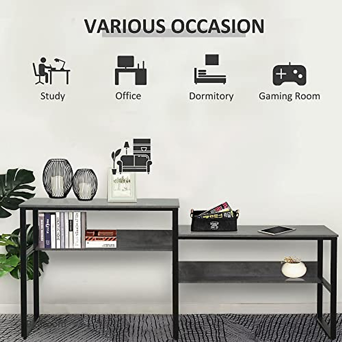 HOMCOM 86.5 Inch Two Person Desk Double Computer Table Writing Desk with Open Shelves Long Storage Workstation for Home Office Black and Grey