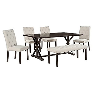 Goohome 6-Piece Farmhouse Kitchen Dining Set, Mid-Century Wood Rectangular Table, 4 Flannelette Upholstered Chairs and Bench Family Furniture, for Home, Apartment, Espresso