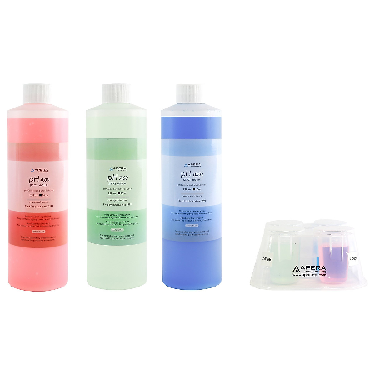 APERA INSTRUMENTS AI1116 pH Calibration Solution Kit (7.00, 4.00, 10.01), 16 oz. Each, Plus a CalPod Solution Holder for Easy Calibration, NIST traceable