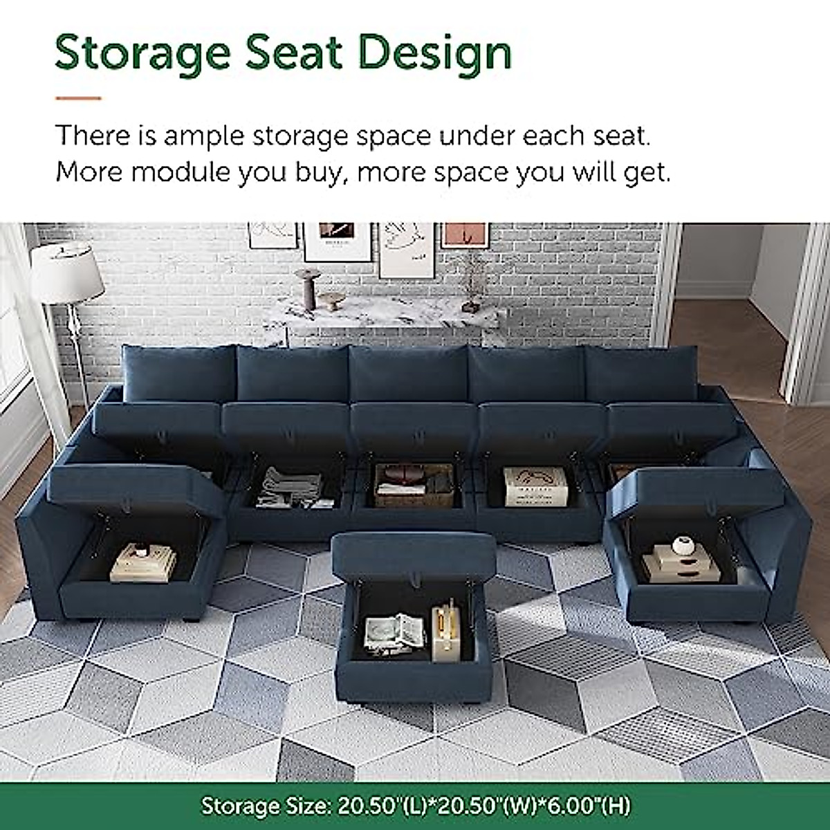 HONBAY Convertible Sectional Sofa Modular Couch with Reversible Chaise Velvet U Shaped Couch Sleeper Sectional Sofa Set with Storage Ottoman, Dark Blue